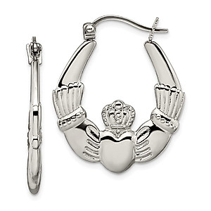 Stainless Steel Celtic Irish Claddagh Hoop Puffed Shrimp Earrings