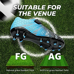 ASHION Unisex-Kids Soccer Cleats for Boys Girls Turf Firm Ground No-Tie Football Shoes Durable Black/Blue