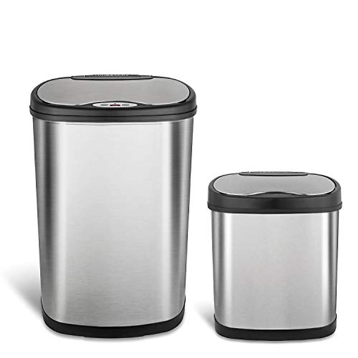 NINESTARS CB-DZT-50-13/12-13 Automatic Touchless Infrared Motion Sensor Trash Can Combo Set, 13 Gal 50L & 3 Gal 12L, Stainless Steel Base (Oval, Silver/Black Lid)