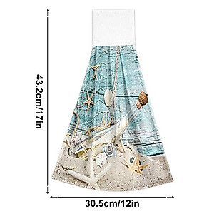 KOCOART Starfish and Seashell Bathroom Hand Towels Beach Sand Wood Hanging Kitchen Dish Towel with Loop 2PCS, Soft Super Absorbent Washcloth Fingertip Towel for Home Decor 12x17 in