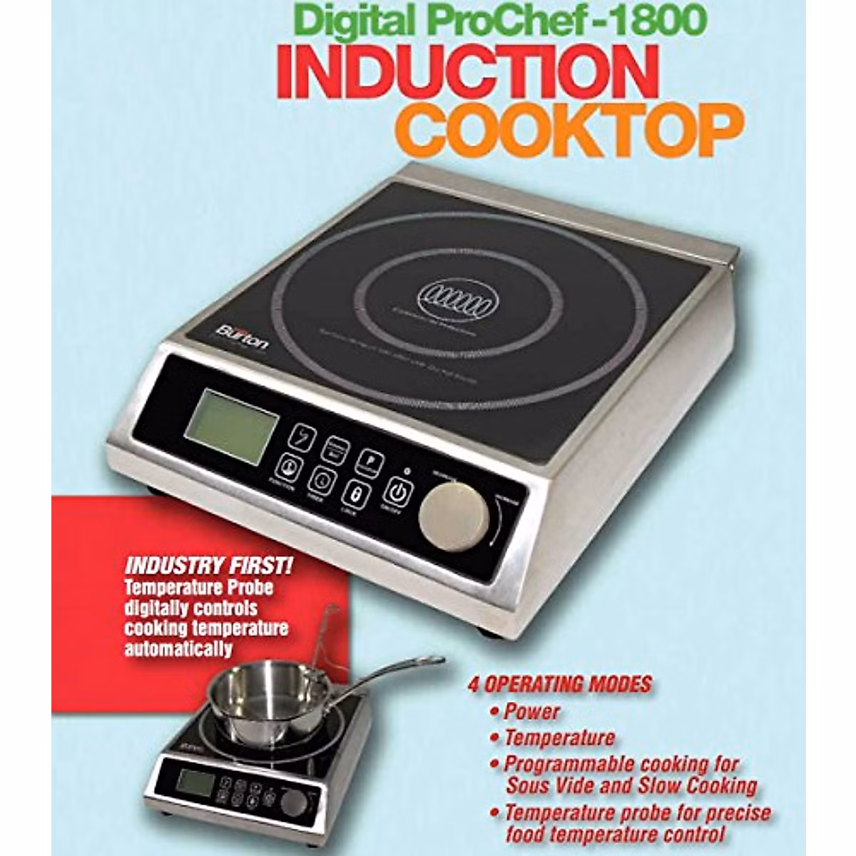 Max Burton 6515 Digital ProChef-1800 Induction Cooktop, Digital Controls, 10 Adjustable Watt and 15 Temperature Settings, Timer, Program Lock, Programmable Cooking, 1800W, 120V