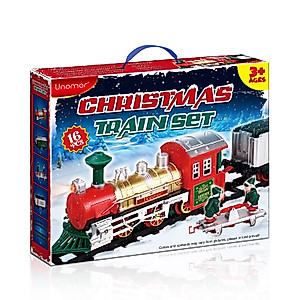 Unomor Train Set with Elf Handcar, Electric Train Set with Light & Sound, Steam Train Railway Tracks Christmas Train Gifts