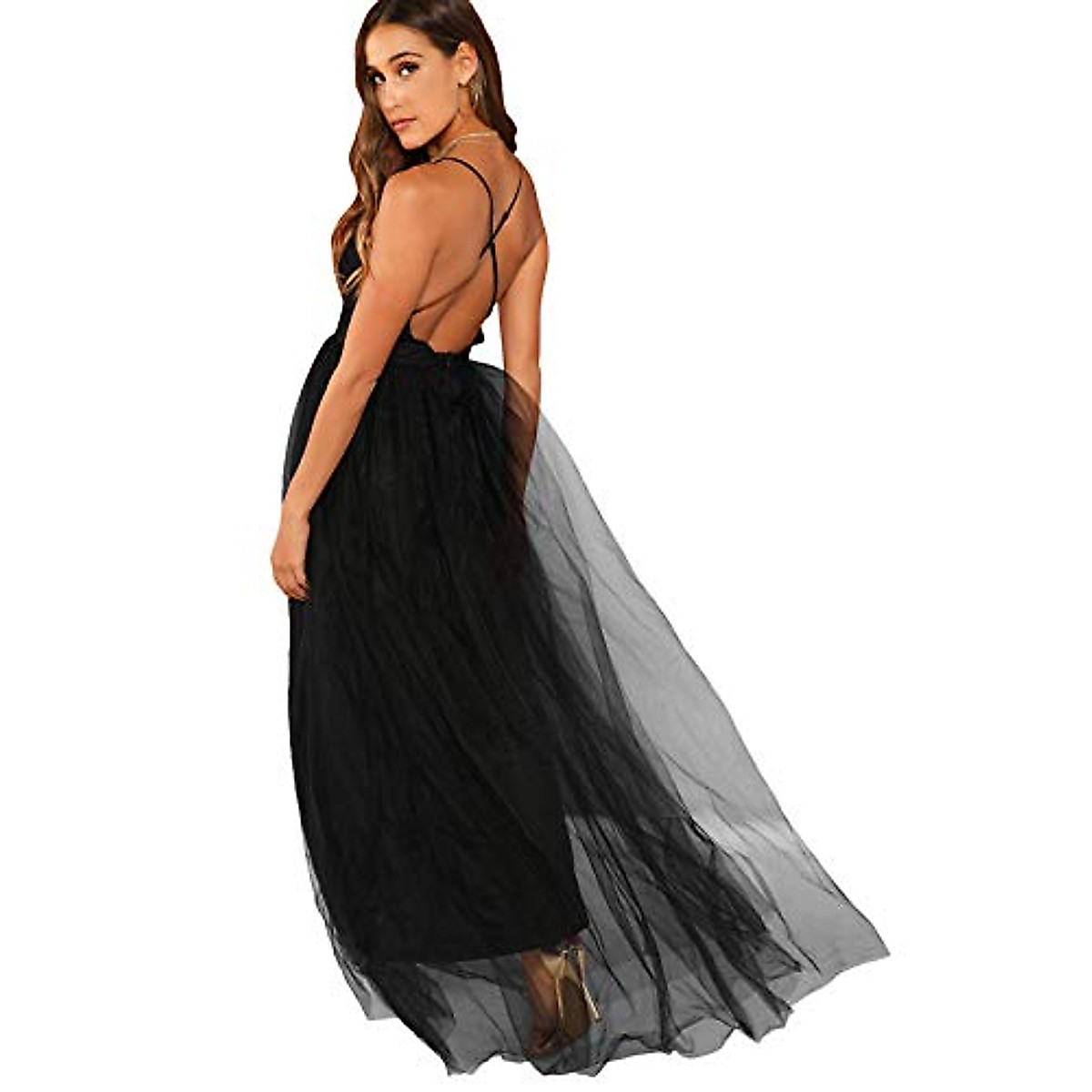 Floerns Women's Plunging Neck Spaghetti Strap Maxi Cocktail Party Dress Black XS