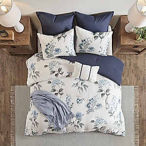 Madison Park Zennia Farmhouse Comforter Set with Throw-Blanket, Floral Print on Seersucker Textures, All Season Bedding, Matching Shams, Toss Pillows, King/Cal King(104"x92"), Blue 7 Piece