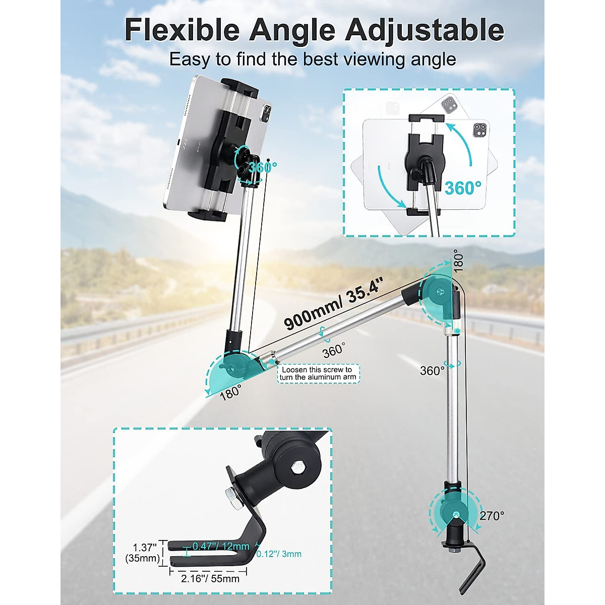 Aozcu Car or Truck Seat Rail Tablet Mount, 35" Metal Floor Seat Bolt Tablet Holder with 1/4" Adapter for Camera, Flexible Phone Stand for iPad 12.9 Air Mini, Galaxy Tabs, DSLR, 4-13'' Tablets