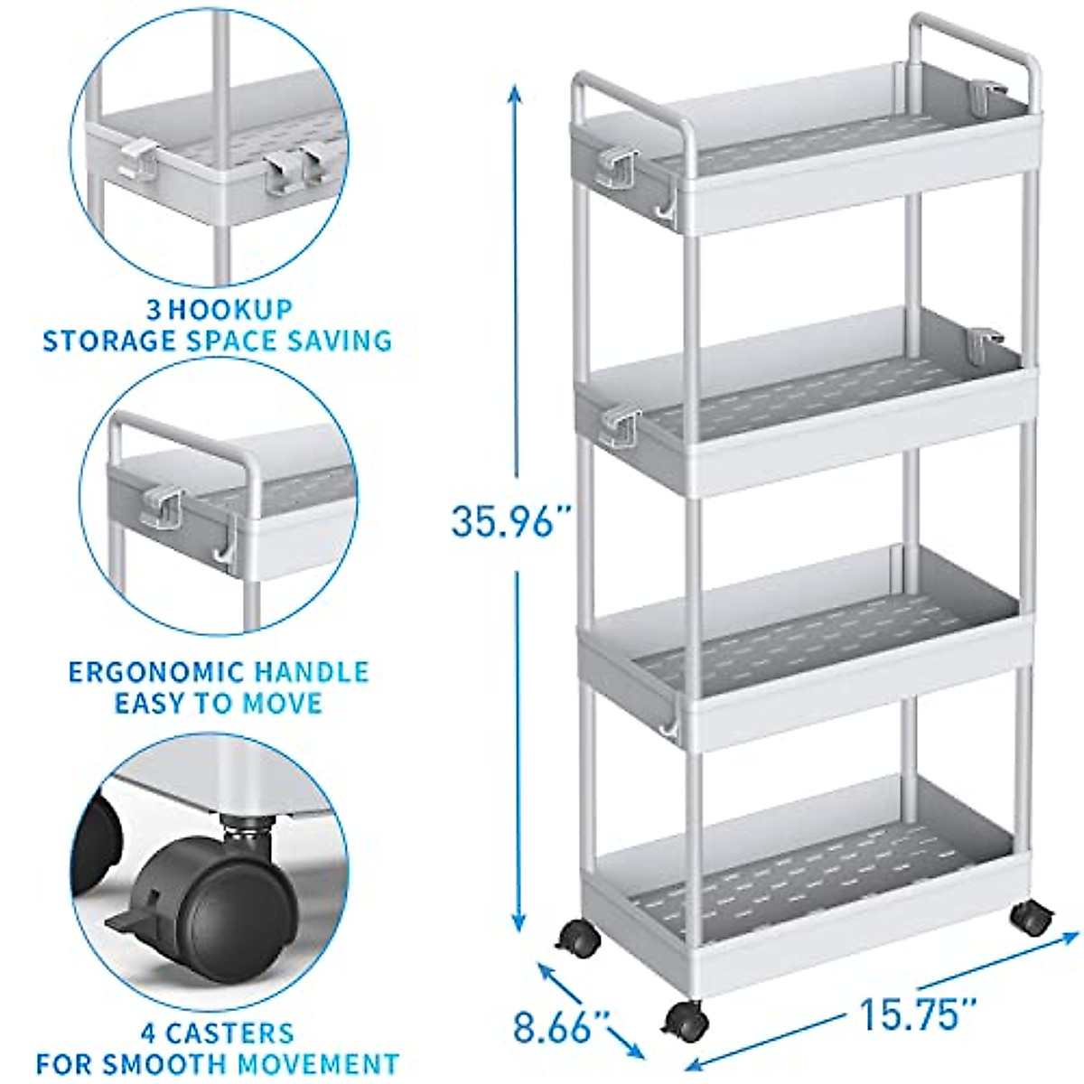 SOLEJAZZ Rolling Storage Cart, 4 Tier Bathroom Organizer Slide Out Utility Cart, Mobile Shelving Unit Organizer Standing Rack for Kitchen, Bathroom, Laundry Room, Gray