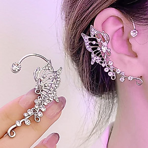 2 Pcs Butterfly Ear Cuff Earrings for Women Non Piercing Rhinestone Goth Fairy Elf Ear Cuff Butterfly Ear Wrap Earrings for Bridal Wedding Prom For Teen(Silver)