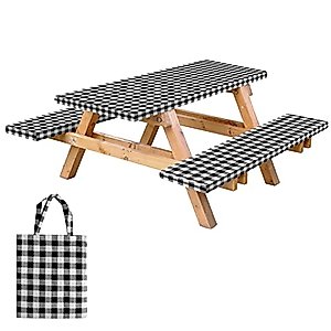 RNOONY Vinyl Fitted Picnic Table Cover with Bench Covers and Bag, Outdoor Waterproof Picnic Tablecloth with Elastic Edges, 72x30 Inches 3 Pcs Set (Black)