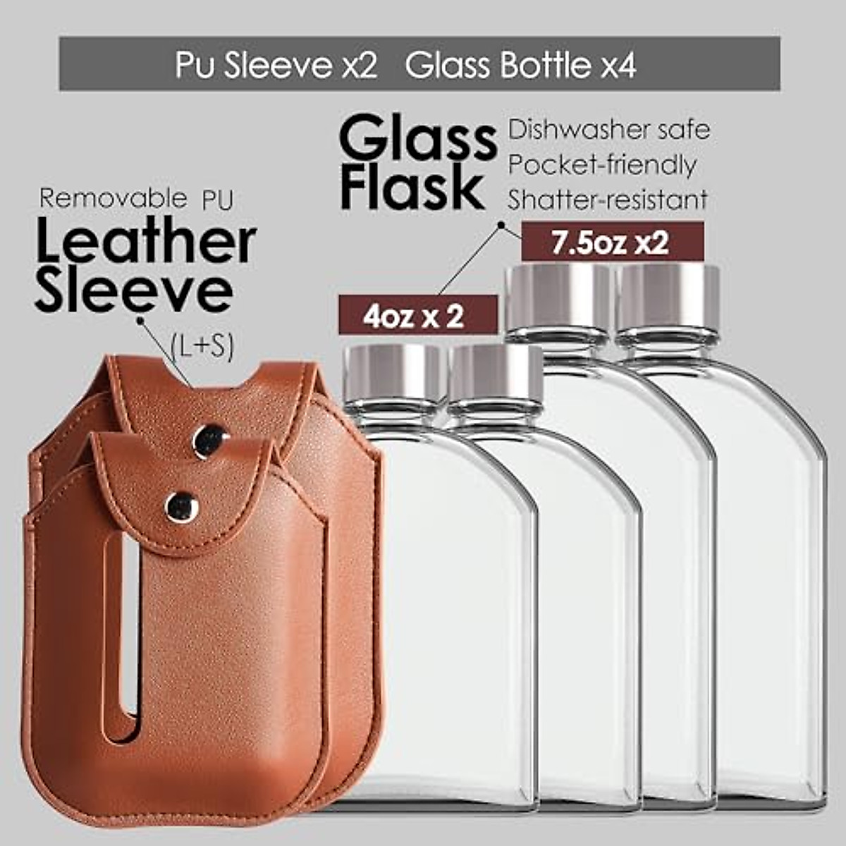 Delove Modern Glass Hip Flask with Removable PU Leather Sleeve - Durable Whiskey Flask for Men & Women - Leather Glass Flask for Liquor & Spirits,Wine (4oz x2, 7.5oz x2, Brown)