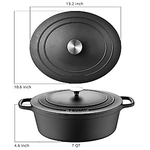 BBQ by MasterPRO - 7 Qt Pre Seasoned Cast Iron Oval Dutch Oven with Self Basting Lid and Stainless Steel Handle, 7 Quarts, Black