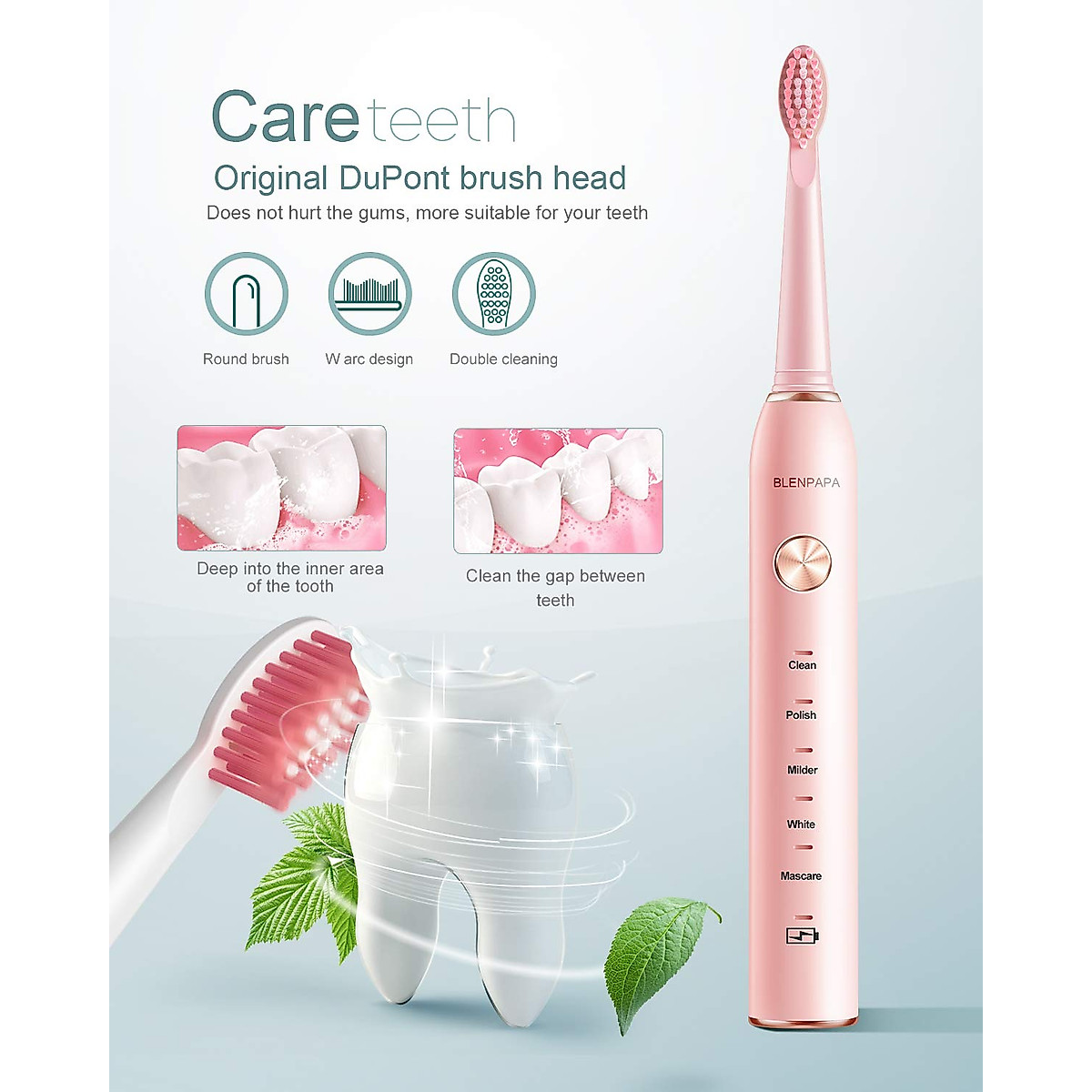 Blenpapa Sonicare Electric Toothbrush for Adults, Smart Cleaning and Whitening, 5 Modes Selection 38000VPM Rechargeable, with Dupant Brush Heads Suitable for Travel, 1 Count, Pink