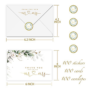 AMNADOF 100 Wedding Thank You Cards with Envelopes & Stickers | Bulk Mr and Mrs Thank You Notes Blank on the Inside | Greenery & Gold Foil Thank You From the New Mr & Mrs.