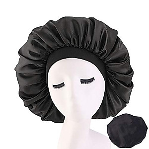 2 PCS Satin Silk Bonnet Sleep Cap Extra Large Jumbo Day and Night Cap Hat Salon Bonnet Head Hair Covers Chemo Caps with Elastic Wide Band for Black Women Long Curly Natural Hair Braids