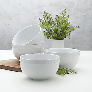 Everyday White by Fitz and Floyd Beaded 26 Ounce Porcelain Soup Cereal Bowls, Set of 4