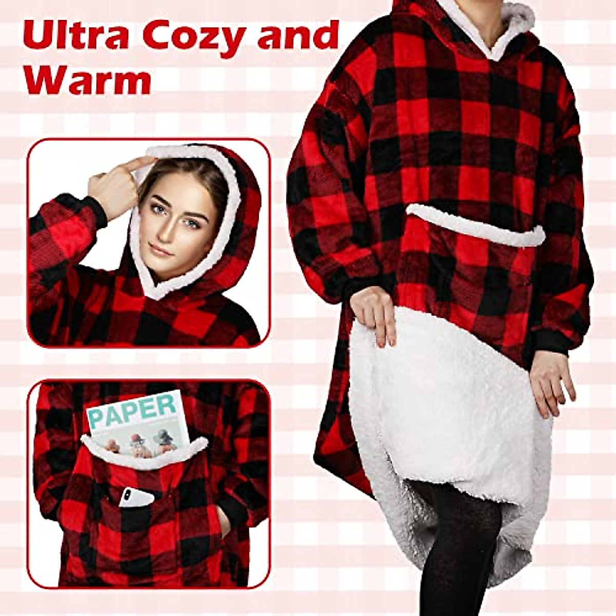 Warm Wearable Blanket Hoodie, Cozy and Soft Sherpa Pullover Sweatshirt w/ Giant Hood Pocket, Adults Comfortable Thick Fleece Throw Blanket for Spring, Autumn, and Winter