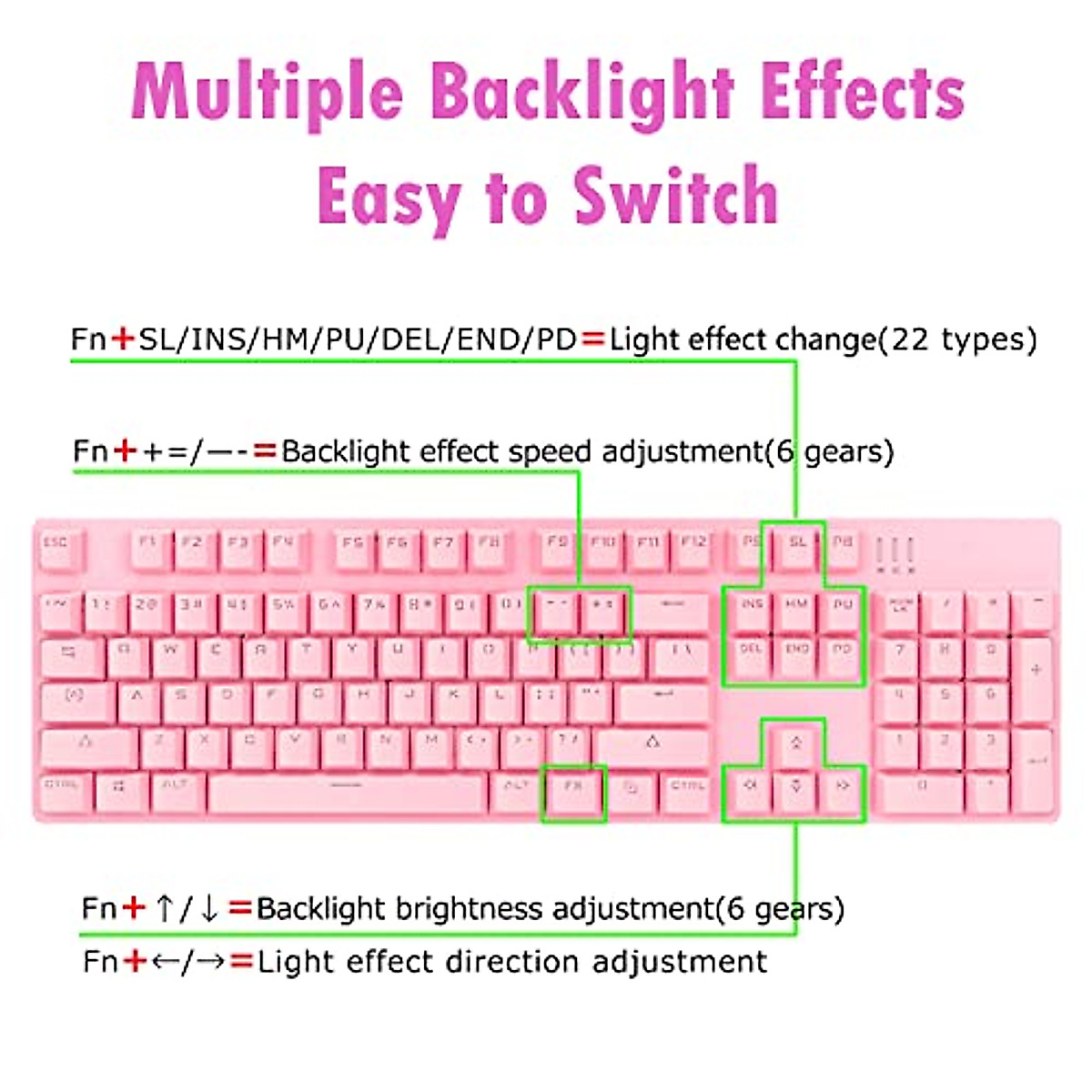 Lomiluskr JXZJ Pink Wired Mechanical Keyboard with White Backlit, 22 Lighting Effects, 104 Keys Anti-Ghosting Gaming Keyboard (Pink, Blue Switch)
