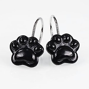 Black Decorative Shower Curtain Hooks: Cute Lovely Funny Cat Dog Bear Animal Paw Print Shower Curtain Rings Hooks & Hangers for Kids Children Bathroom Décor - Set of 12