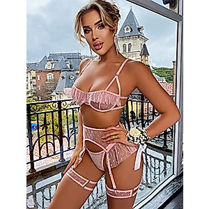 SOLY HUX Women's Valentines Sexy Mesh Lingerie Set Lace Teddy Strap Babydoll Bodysuit with Garter Belts Pure Pink L
