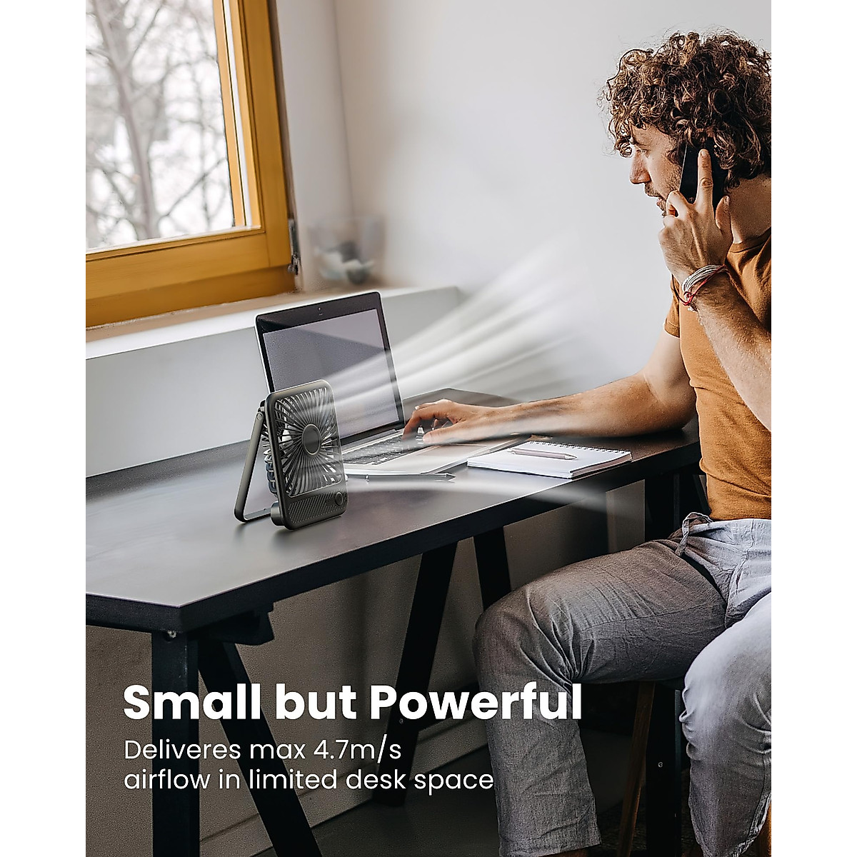 Koonie Desk Fan, Ultra Quiet 2.5-11h Battery Operated Small USB Fan with Strong Wind, 180° Tilt Folding and 3 Speeds Adjustable, Battery Powered Mini Personal Fan for Office Bedroom Desktop