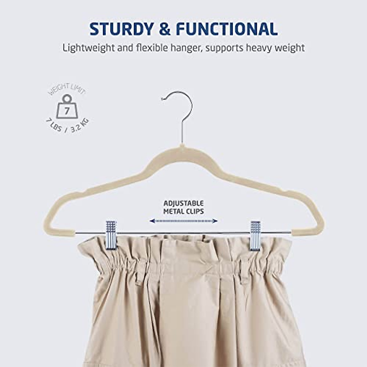Zober Velvet Hangers with Clips - Pack of 20 Metal Clip Hangers for Pants - Notched Ivory Velvet Skirt Hangers for Pants, Skirts, Suits, Dresses & Shirts w/ 360 Degree Hook - Non Slip Felt Hangers