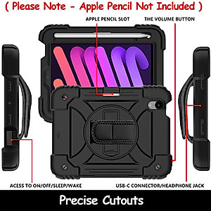 LTROP iPad Mini 6 Case 2021, iPad Mini 6th Generation Case for Kids, Heavy Duty Shockproof Cover with Pencil Holder/360 Rotating Stand/Hand Strap for iPad Mini 6th Generation 8.3 Inch 2021, Black