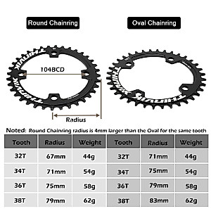 Thinvik Narrow Wide Single Chainring 104mm BCD 32T 34T 36T 38T. Round Oval Bike Chainring 8 9 10 11 12 Speed for Mountain Bike MTB e-Bike Fat Bike Anti-Oxidation 7075 T6 Aluminium Alloy - Round 32t