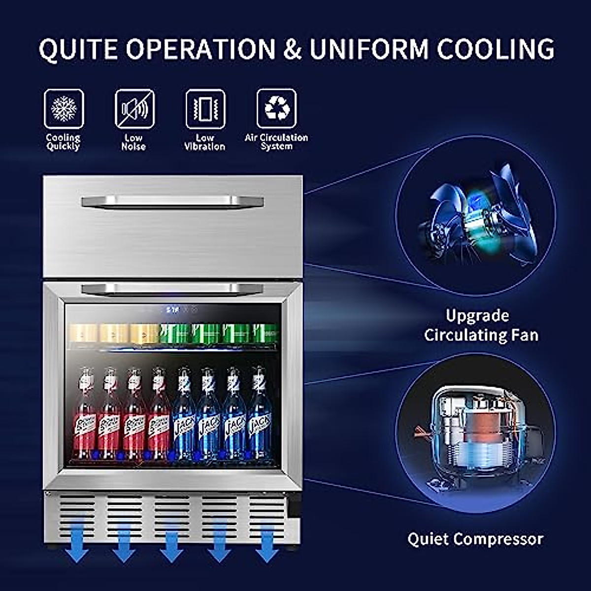 Karcassin 24 Inch Indoor Under Counter Drawer Fridge，Stainless Steel 2 in 1 Beverage Refrigerator Built-in and Freestanding with Digital Display for Home and Commercial Use
