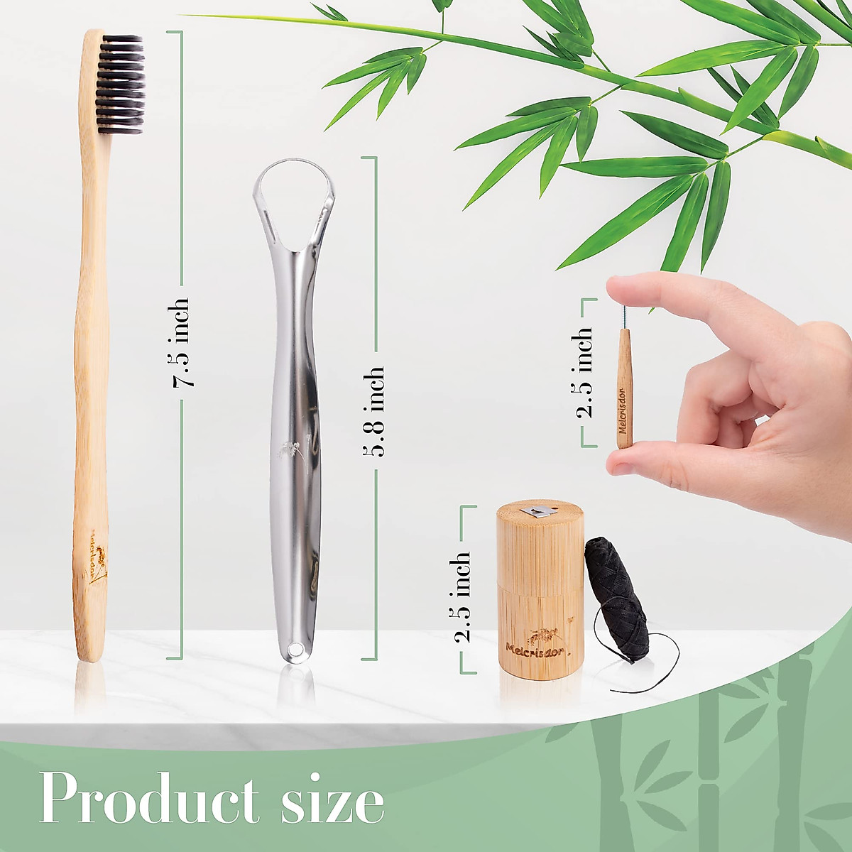 Bamboo Toothbrushes Set - Holder Charcoal Dental Floss,Interdental Brushes and Metal Tongue Scraper