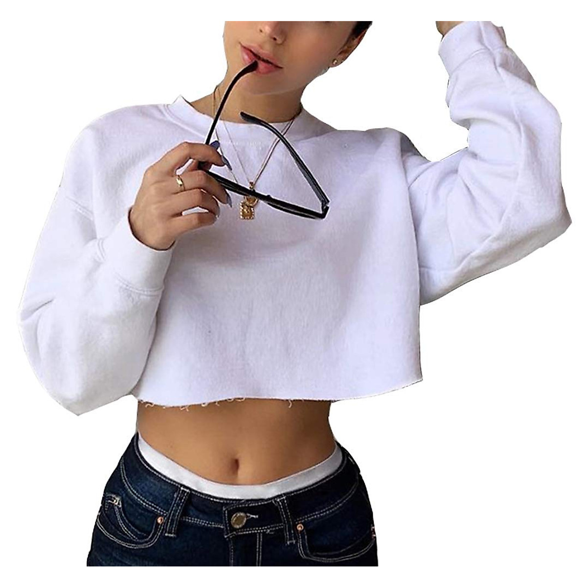 Artfish Women's Crewneck Long Sleeve Workout Casual Cropped Teen Loose Sweatshirts White M