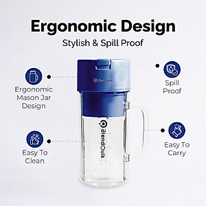 BlendQuik, Personal Portable Blender For Shakes & Smoothies, Leakproof & Stylish Portable Mason Jar Shaker, Rechargeable Mini Blender with 10-Blade Blending System 14oz, Dark Blue