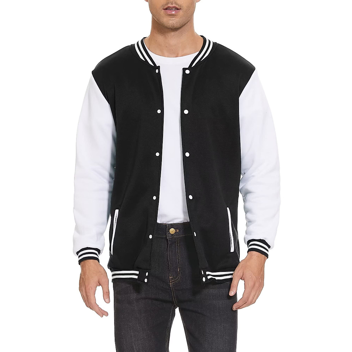 Men's Bomber Jacket Varsity Baseball Jackets Windbreaker Lightweight Slim Fit Button Down Letterman Jacket Black