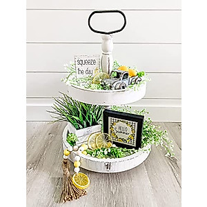 Paper and Pallet Wooden Two Tiered Tray - Rustic Farmhouse Decor 2 Tier Wood Serving Stand with Metal Handle for Halloween, Fall & Christmas - Decorative Kitchen Countertop Tray for Coffee Table