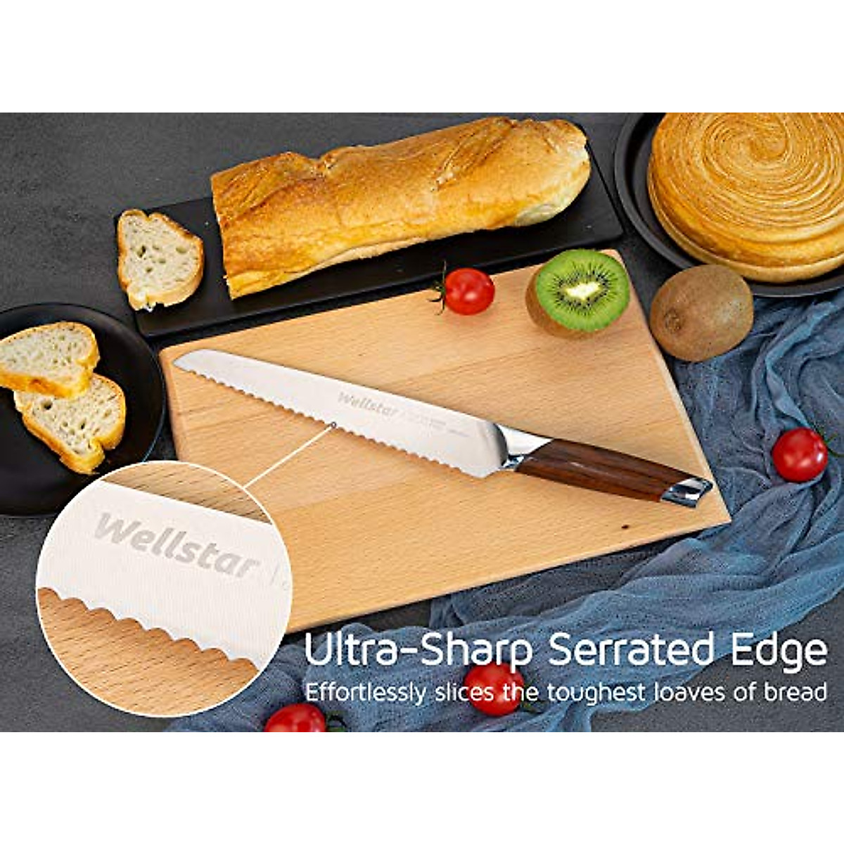 WELLSTAR Bread Knife, 8 Inch Serrated Bread Loaf Slicing Knife with Razor Sharp High Carbon German Stainless Steel Forged Blade and Natural Rosewood Handle in Gift Box, V-Style Series