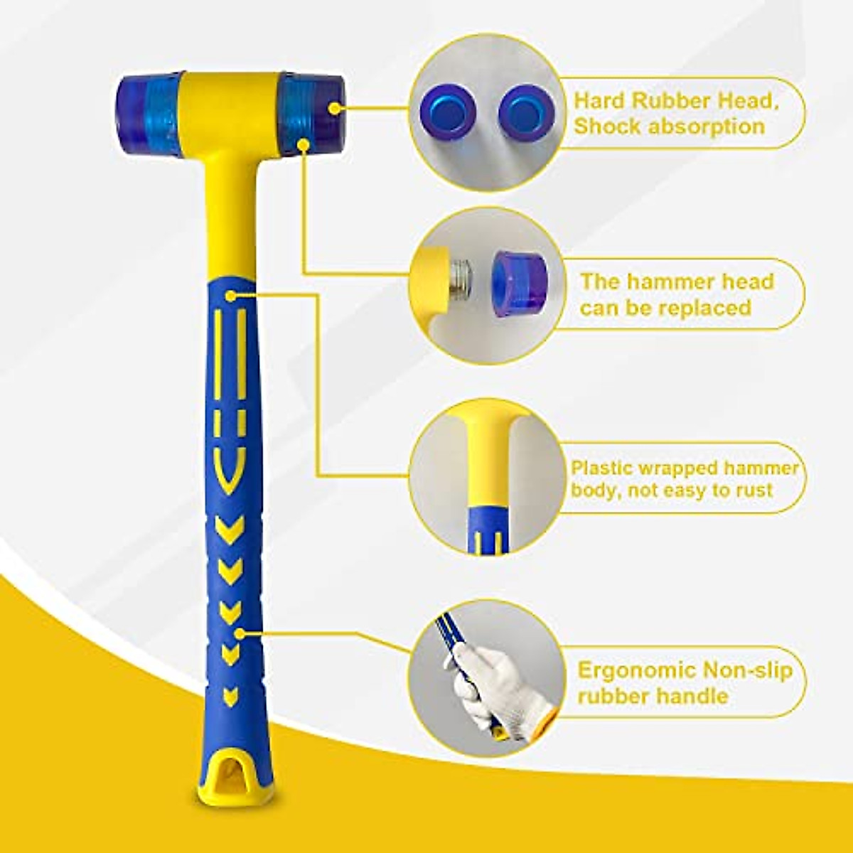 Rubber Mallet Hammer,KAIHAOWIN 30mm Rubber Mallet Rubber Hammer Small Rubber Mallet Double-Faced Soft Hammer with Ergonomic Shaped Anti-Shock/Slip Handle for Jewelry Leather Crafts Woodworking Camping