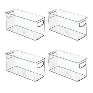 iDesign 4-Piece Recycled Plastic Small Stackable Kitchen Organizer Bin with Integrated Handles for Kitchen, Fridge, Freezer, Pantry & Cabinet Organization, The Linus Collection - 10" x 4" x 5", Clear