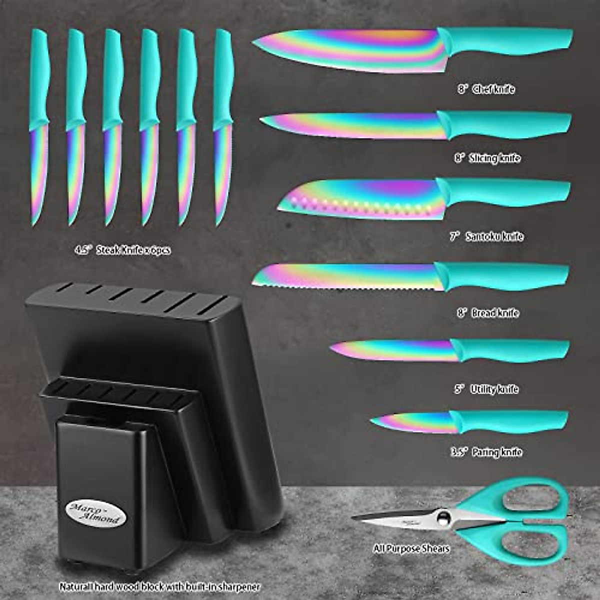 DISHWASHER SAFE Knife Set, Marco Almond®14PC Rainbow Titanium Kitchen Knife Set, KYA27 Knives sets for Kitchen with Block, Teal