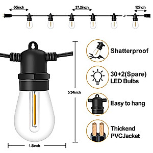 YUNSOVA LED Patio Lights Outdoor Waterproof - 96FT(48×2) 2Pack String Lights Outside with 32 Edison Vintage Bulbs, Commercial Grade Heavy-Duty Lights for Balcony Café Porch Garden