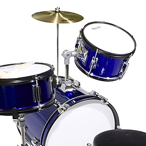 Mendini By Cecilio Drum Set – 3-Piece Kids Drum Set (16"), Includes Bass Drum, Tom, Snare, Drum Throne - Musical Instruments for Age 6-12, Metallic Blue Drum Kit