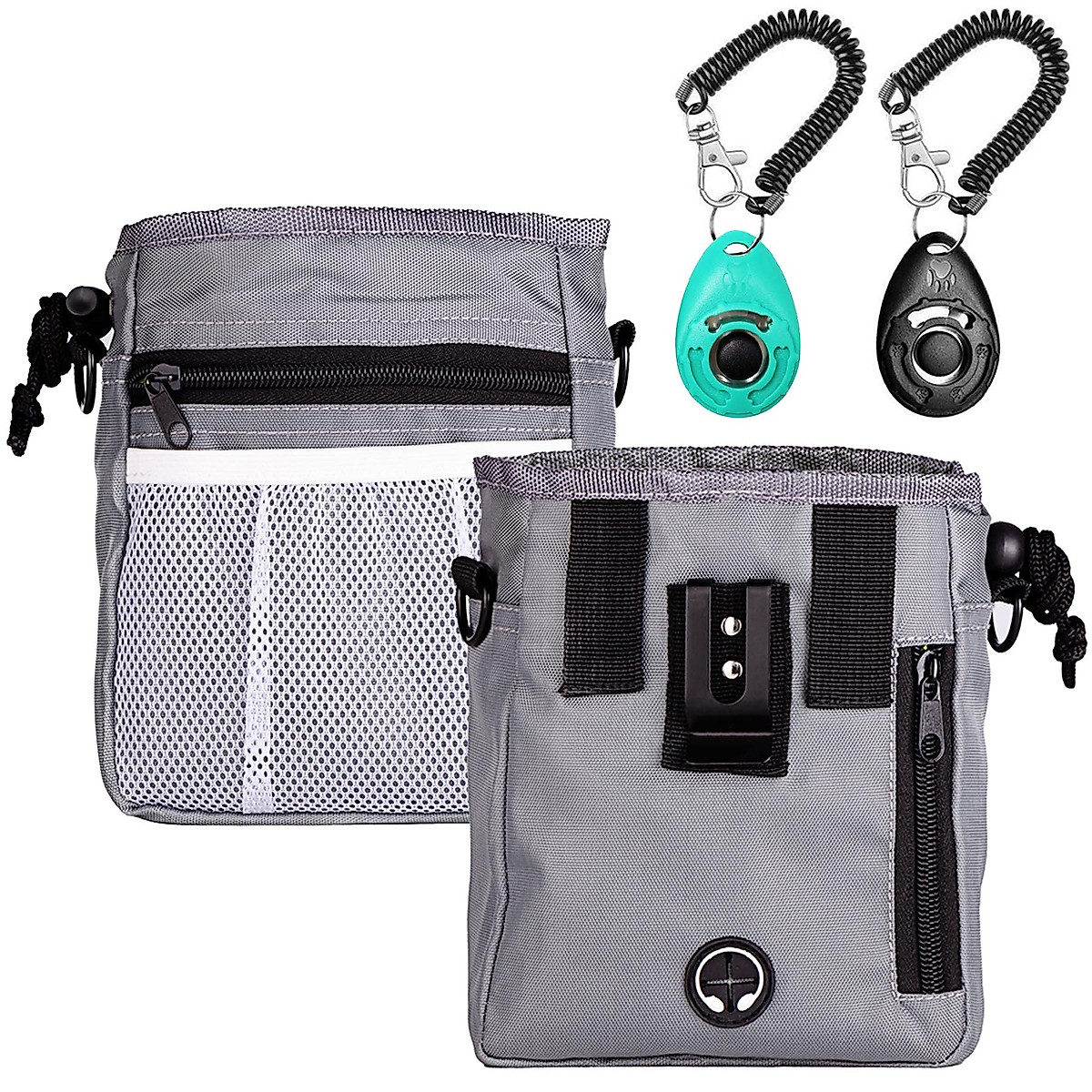 STMK Dog Treat Pouch Dog Clicker Training Kit, Dog Training Treat Pouch Dog Clicker for Training, 3 Ways to Wear Easily Carries Treat Pouches for Pet Training (Grey)