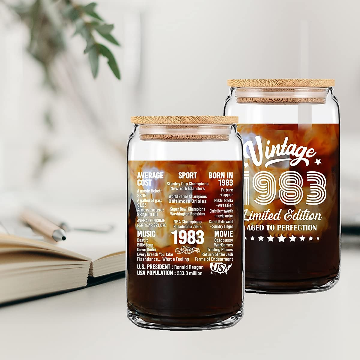 41st Birthday Gifts Set for Men Women, 41st Birthday Gift for Friend Sister Coworker Dad Mom, Happy 41 Years Old Birthday Party Decorations, 1983 Glass Cup with Bamboo Lids and Straw