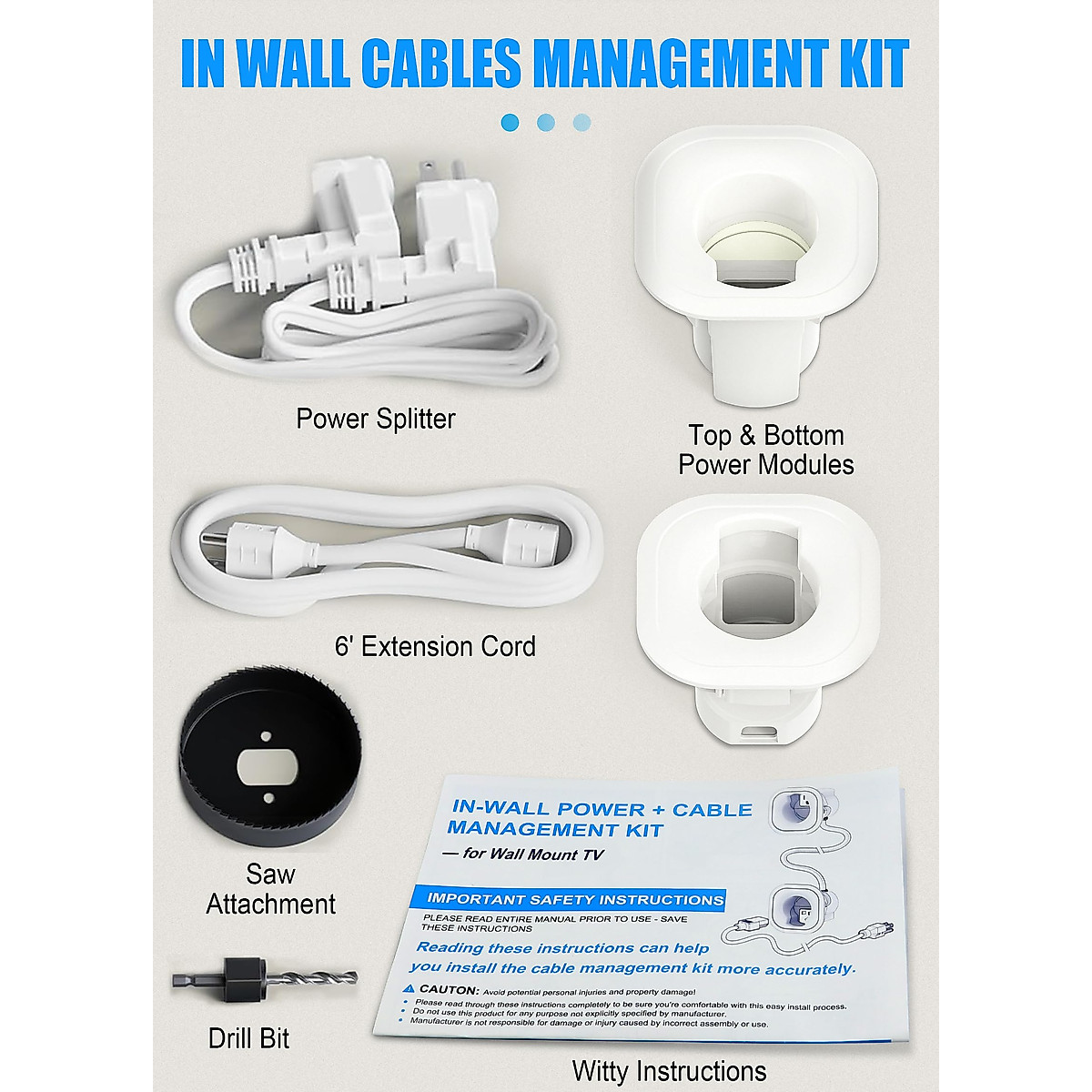 in Wall Cable Management Kit with Hole Saw Drill Attachment - Includes Power & Low Voltage Cord Management - Hide TV Wires for Wall-Mounted TVs