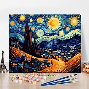 TUMOVO Paint by Starry Night Number Sky and Full Moon Over The Town Paint by Numbers for Adults Abstract Style Adult Paint by Numbers Kits on Canvas DIY Paint by Numbers for Adults Beginner 16x20inch