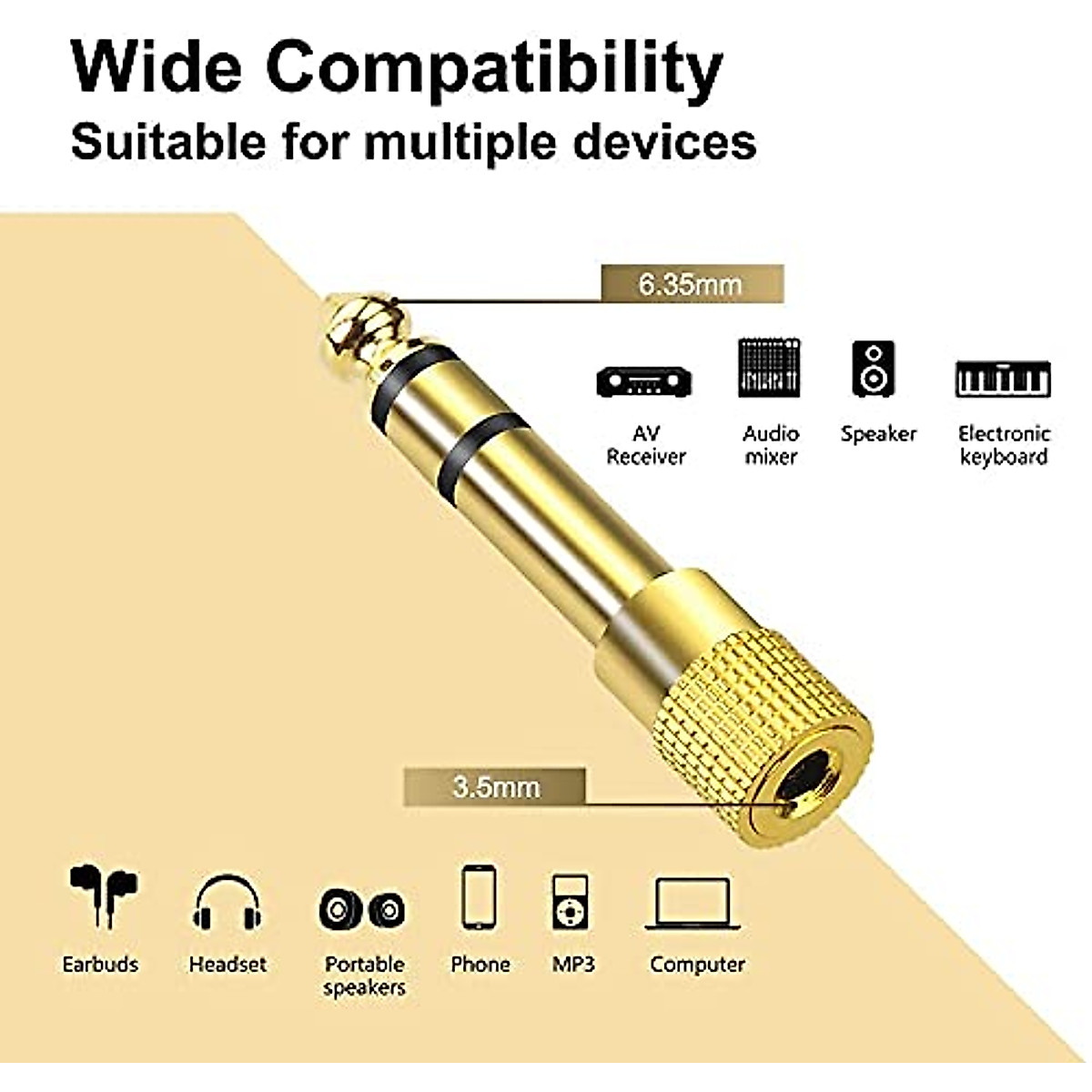 WISYIFIL 1/4 inch to 3.5mm Stereo Audio Adapter, 1/8 inch（3.5mm） Female to 1/4 inch（6.35mm） Male Stereo Audio Headphone TRS Jack Cable Converter for Guitar Amp,Digital Piano,Gold Plated Copper 2 Pack