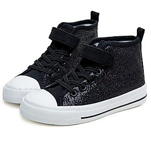 Toandon Kids Girls Boys Sneakers Glitter Sparkle Shoes Toddler Child Slip On High Top Toddler Adjustable Hook Loop Straps Velcro Non-Slip Lightweight Grey Black Size 2