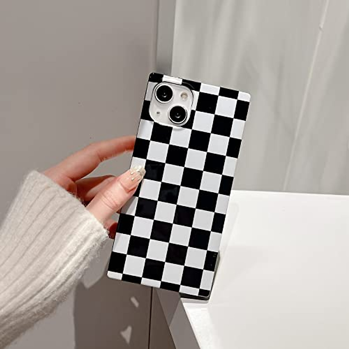 Reezaddin Square Checkered Phone Case for iPhone 13 Pro Max Black White Grids Plaid Checkerboard Slim Soft Classic Trunk Design Strong Shockproof Protective Checker Cover for iPhone 13promax 6.7"