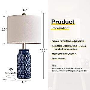 USumkky 20.5 inches Modern Ceramic Dark Blue Bedside Lamp Set of 2 for Bedroom Decor Farmhouse Table Lamp for Living Room Office Dorm