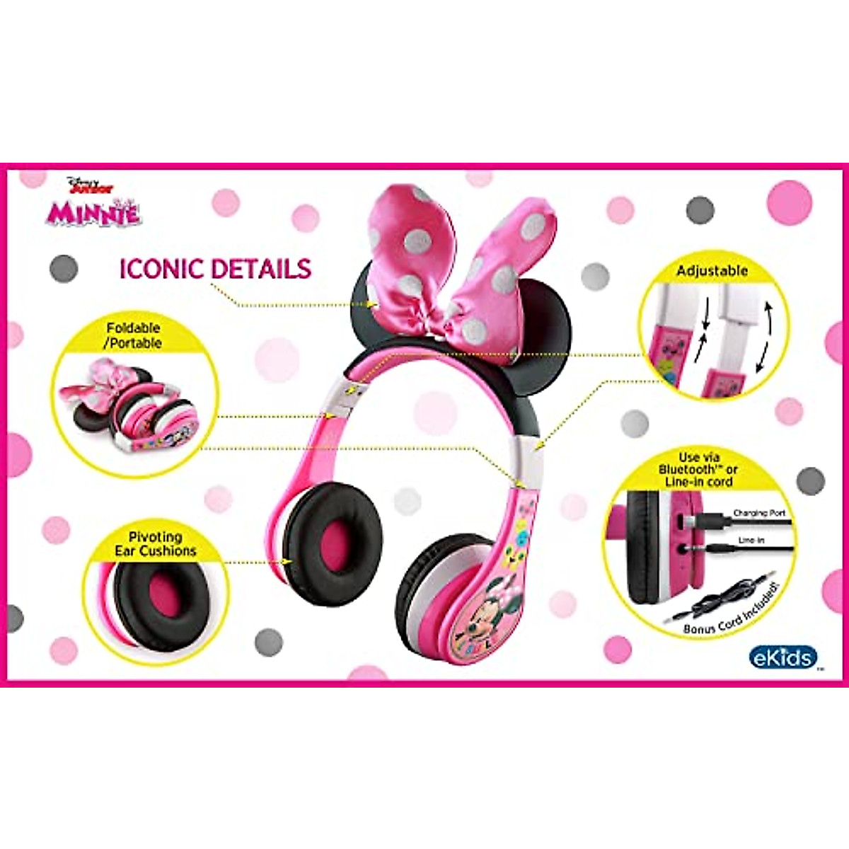 eKids Minnie Mouse Kids Bluetooth Headphones, Wireless Headphones with Microphone Includes Aux Cord, Volume Reduced Kids Foldable Headphones for School, Home, or Travel, Pink