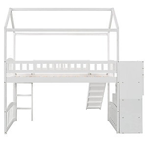 CITYLIGHT Twin Loft Bed with Stairs and Slide, Wooden House Loft Bed with Slide, Loft Bed Twin with Storage Staircase, Kids Loft Bed Frame for Girls or Boys,No Box Spring Needed, White