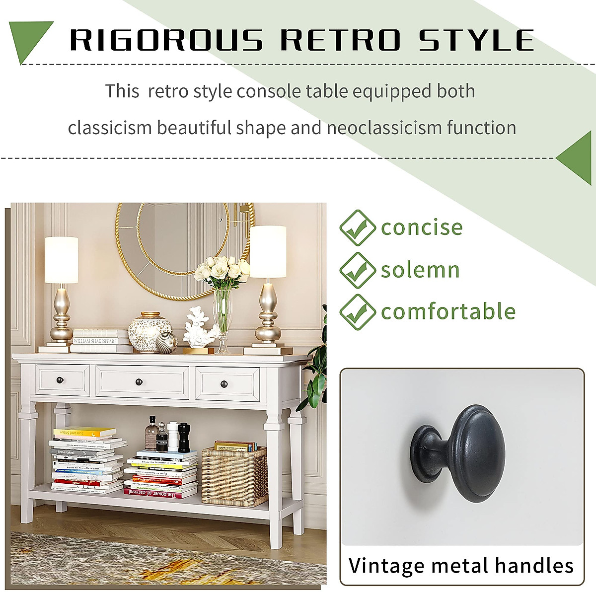 50" Classic Retro Console Table, Solid Wood Sofa Side Table with 3 Top Storage Drawers and Open Style Bottom Shelf for Living Room, Entryway, Hallway and Bedroom, Easy Assembly (Antique White-02)