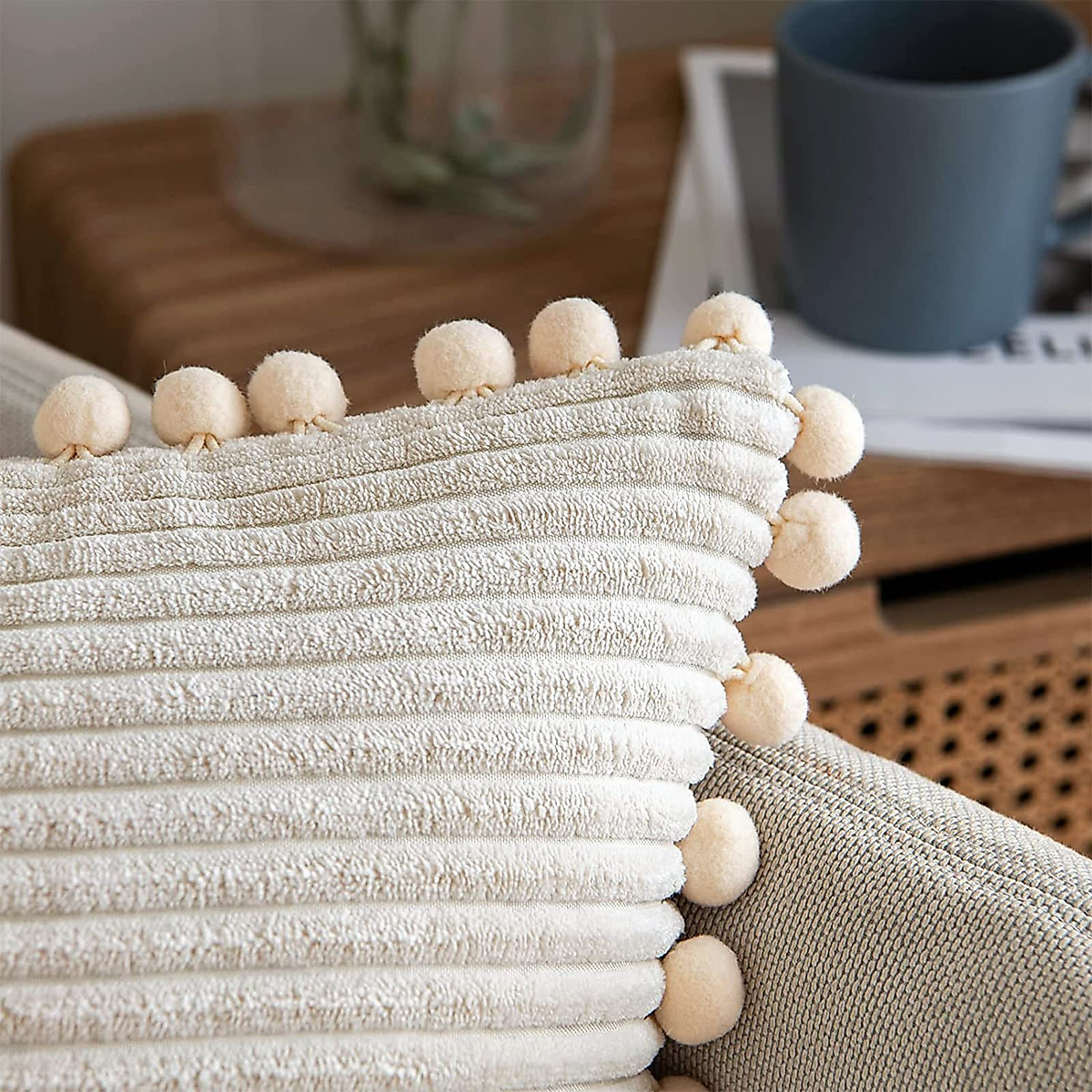 ANRODUO Pack of 2 Cream White Boho Decorative Pillow Covers with Pom-poms Pillow Covers 18x18 Corduroy Cushion Case Cute and Soft Square Throw Pillows for Bed Couch Sofa Living Room Fall Home Decor